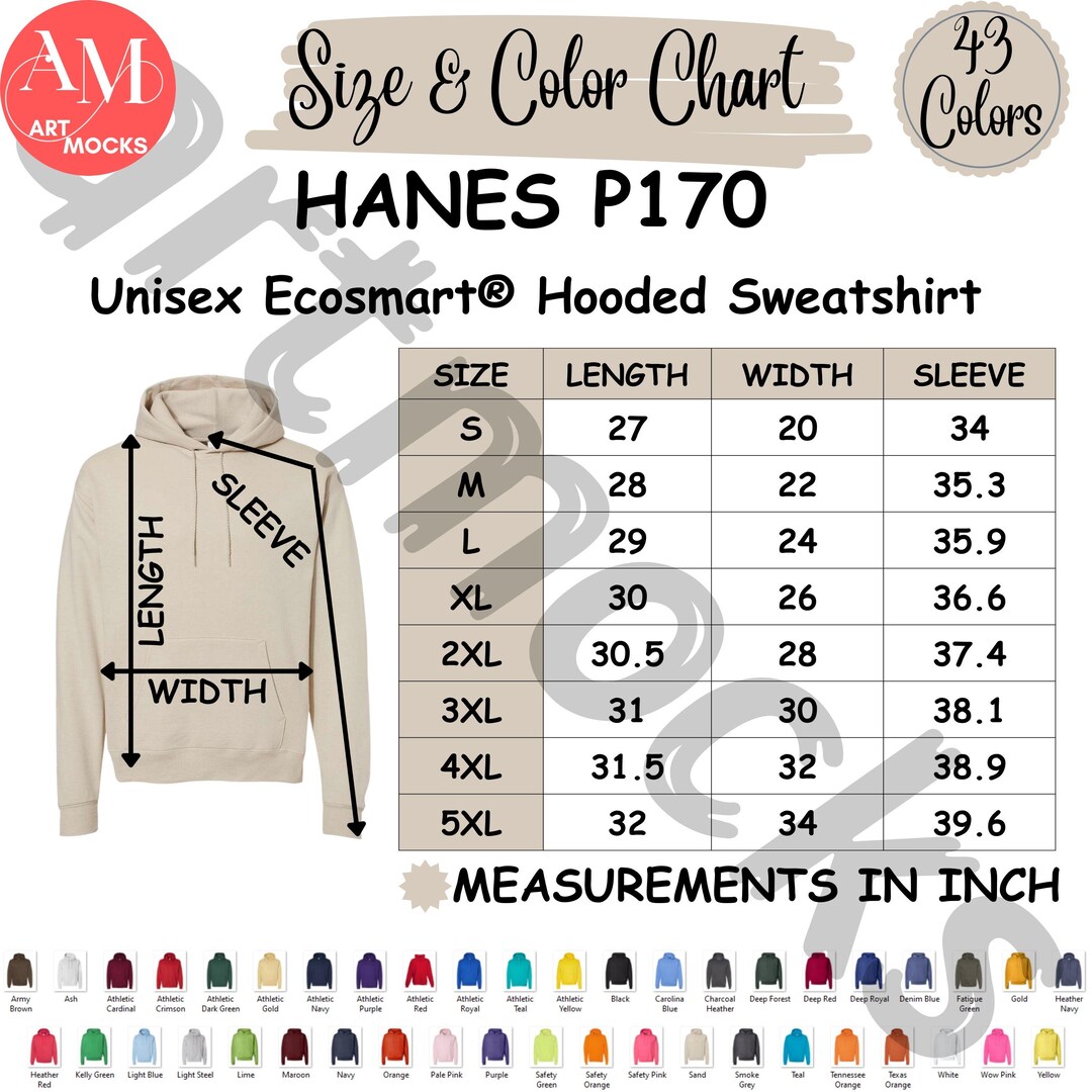 Hanes P170 Chart Bundle Ecosmart Hooded Sweatshirt Size and Color Chart ...