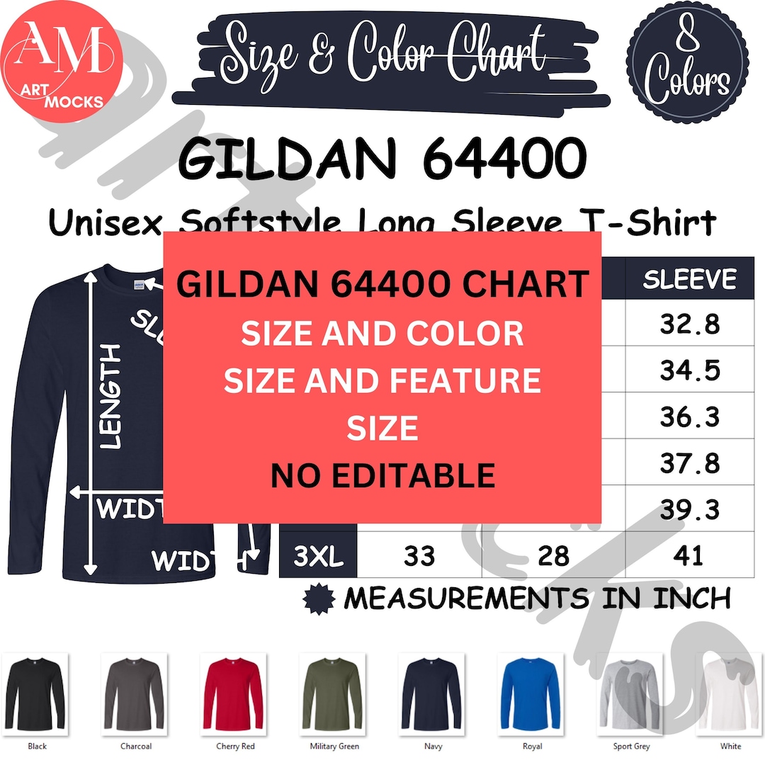Gildan 64400 Chart Bundle Unisex Long Sleeve T-shirt Size Color Feature ...