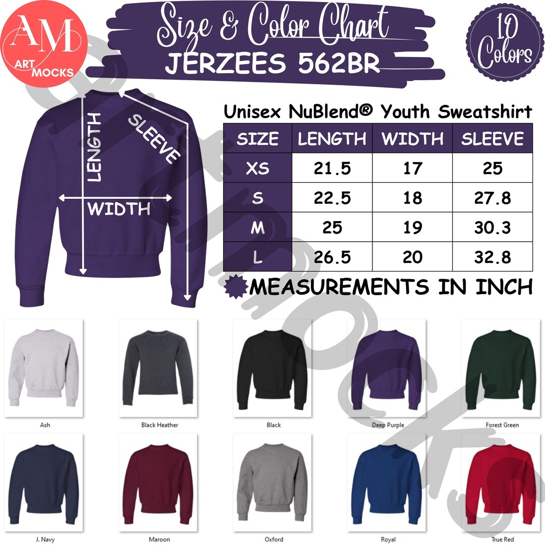 Jerzees 562BR Chart Bundle Nublend Youth Crewneck Sweatshirt Size and ...