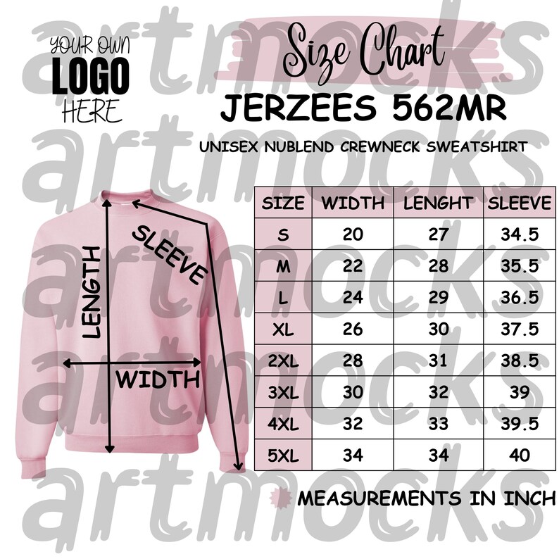 Jerzees 562MR Size and Color and Feature Chart No Editable - Etsy