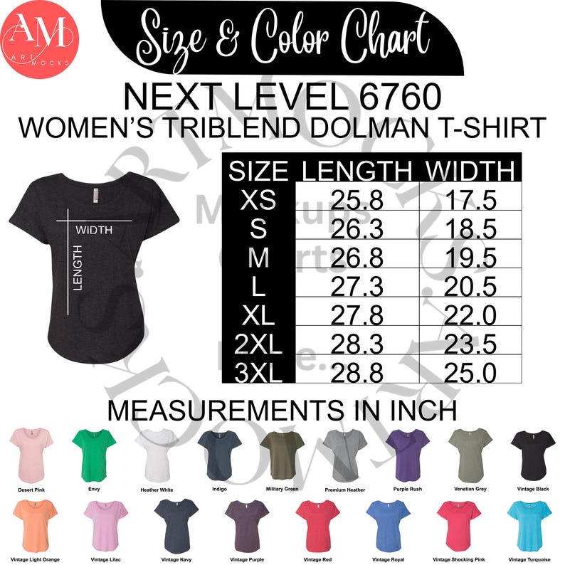 NL7610 T-shirt Size Chart Bundle: Next Level 7610 Color Chart (instant ...