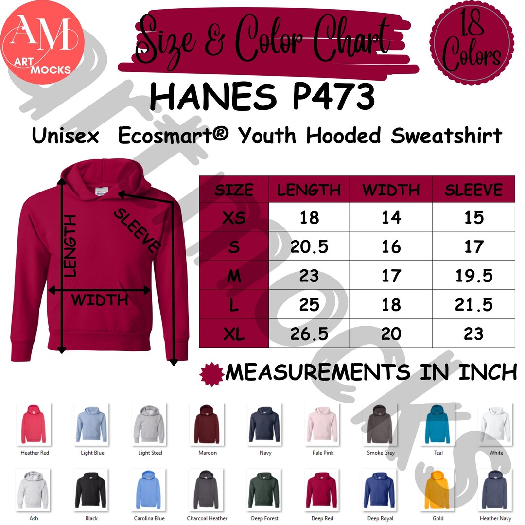 Hanes P473 Chart Bundle Ecosmart Youth Hooded Sweatshirt Size and Color ...