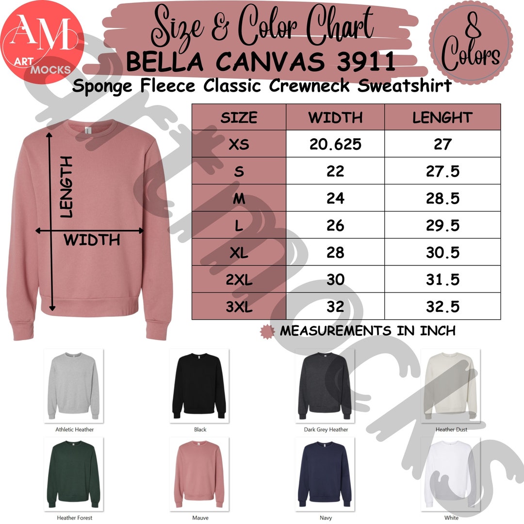 Bella Canvas 3911 Sweatshirt Size and Color Chart (digital Download) - Etsy