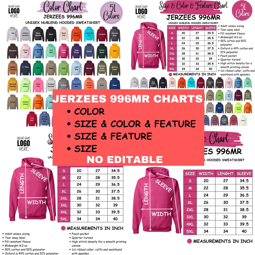 Jerzees 996MR Size and Color and Feature Chart No Editable - Etsy