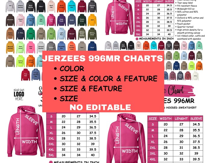 Editable Jerzees 996MR Color Chart & Size Chart, Canva Template, 996MR ...