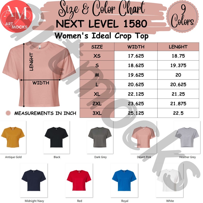 Next Level 1580 Women Ideal Crop Top Size Color and Feature Chart ...