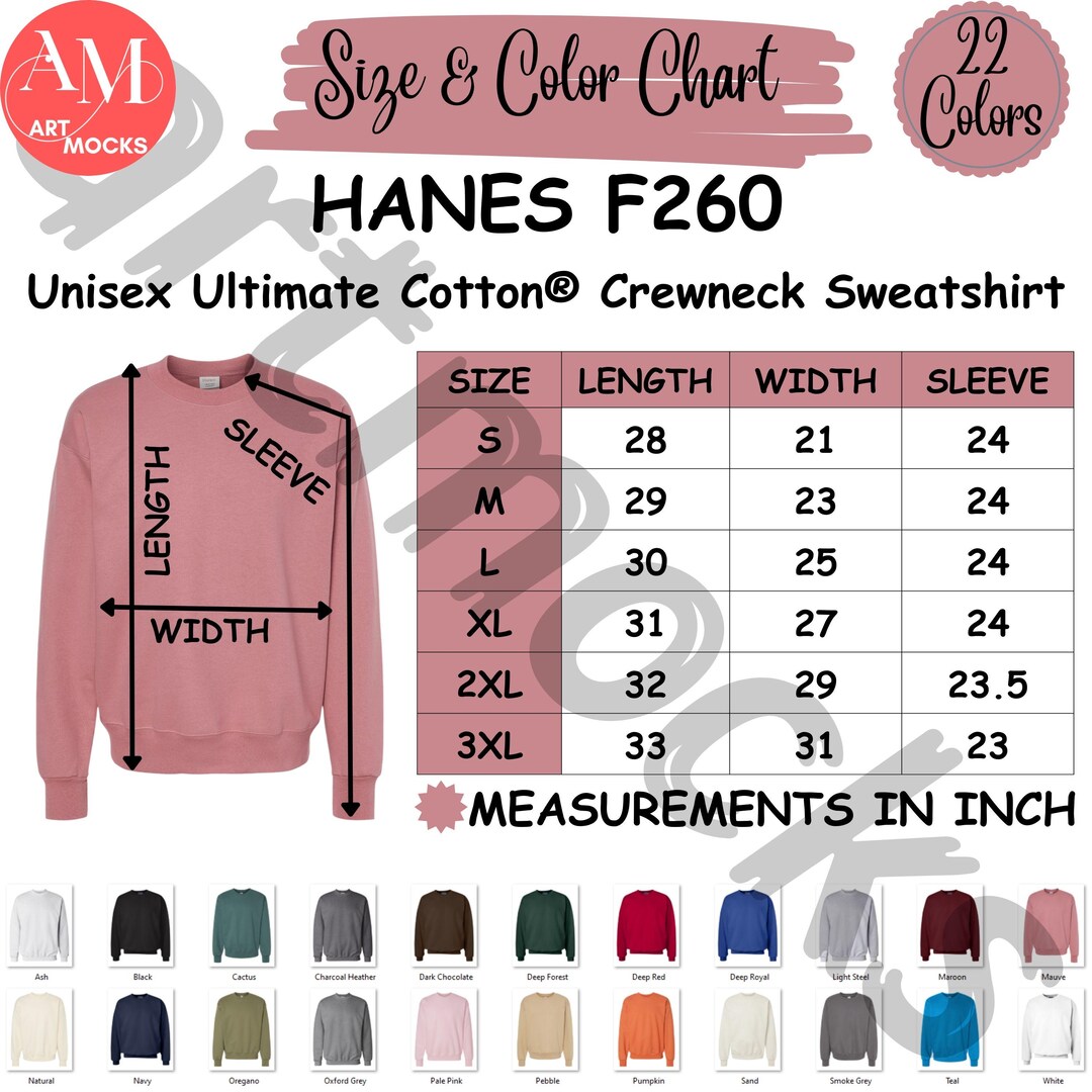 Hanes F260 Chart Bundle Ultimate Cotton Crewneck Sweatshirt Size and ...