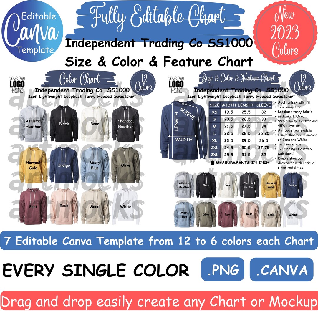 SS1000 Hoodie Mockup Bundle: Editable Color Size Chart Canva Template ...
