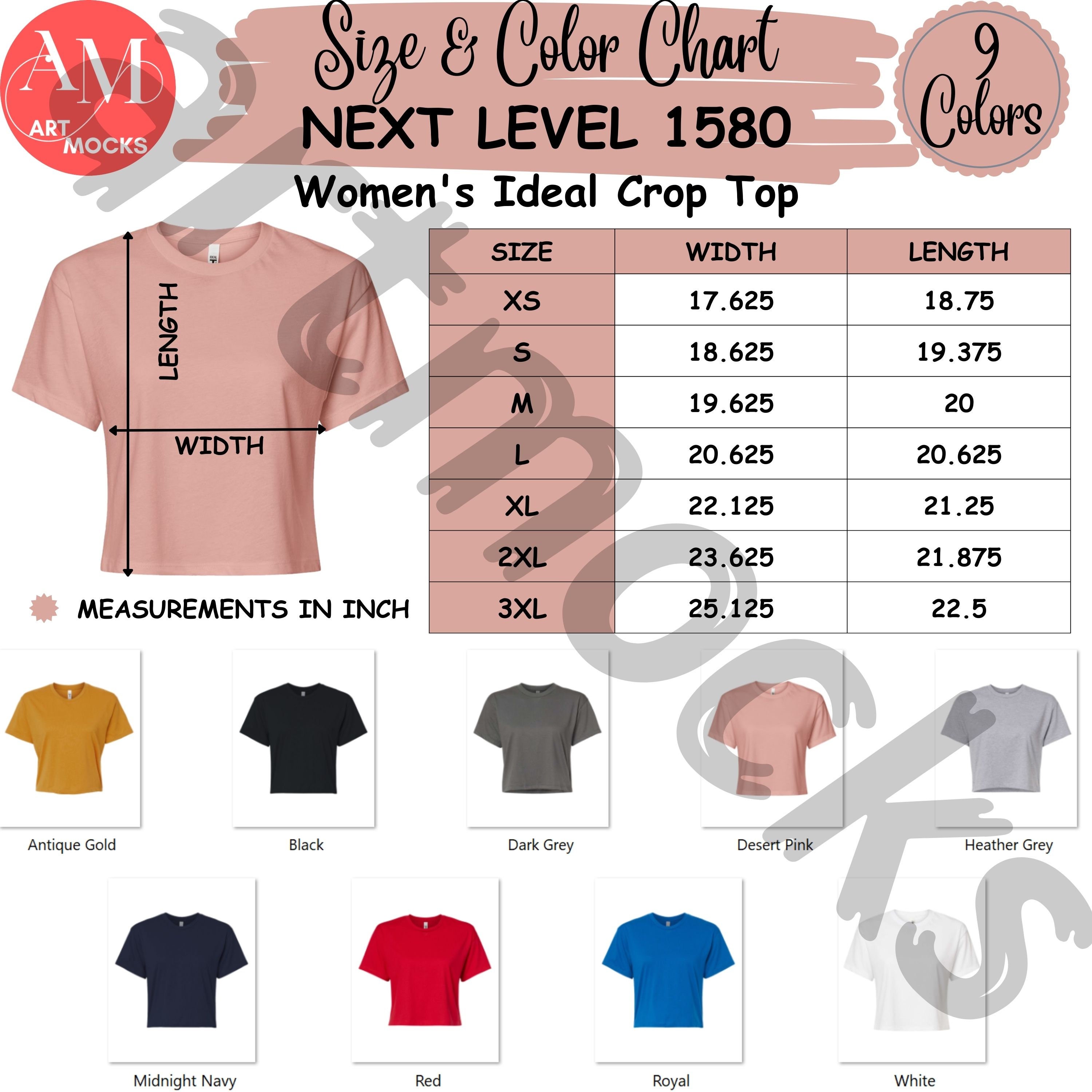 Next Level 1580 Women Ideal Crop Top Size Color and Feature Chart ...