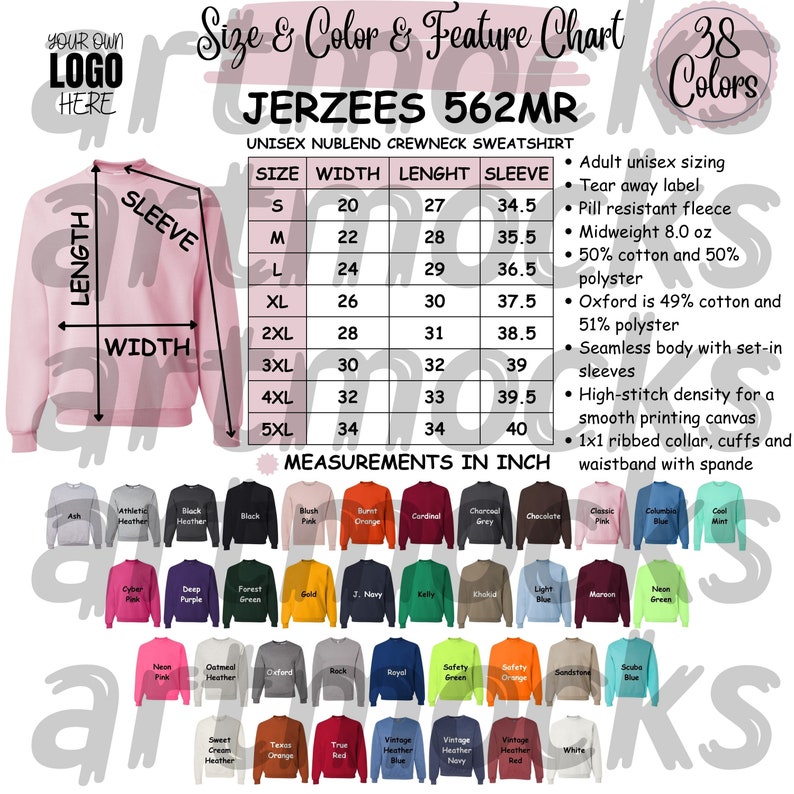 Jerzees 562MR Size and Color and Feature Chart No Editable - Etsy