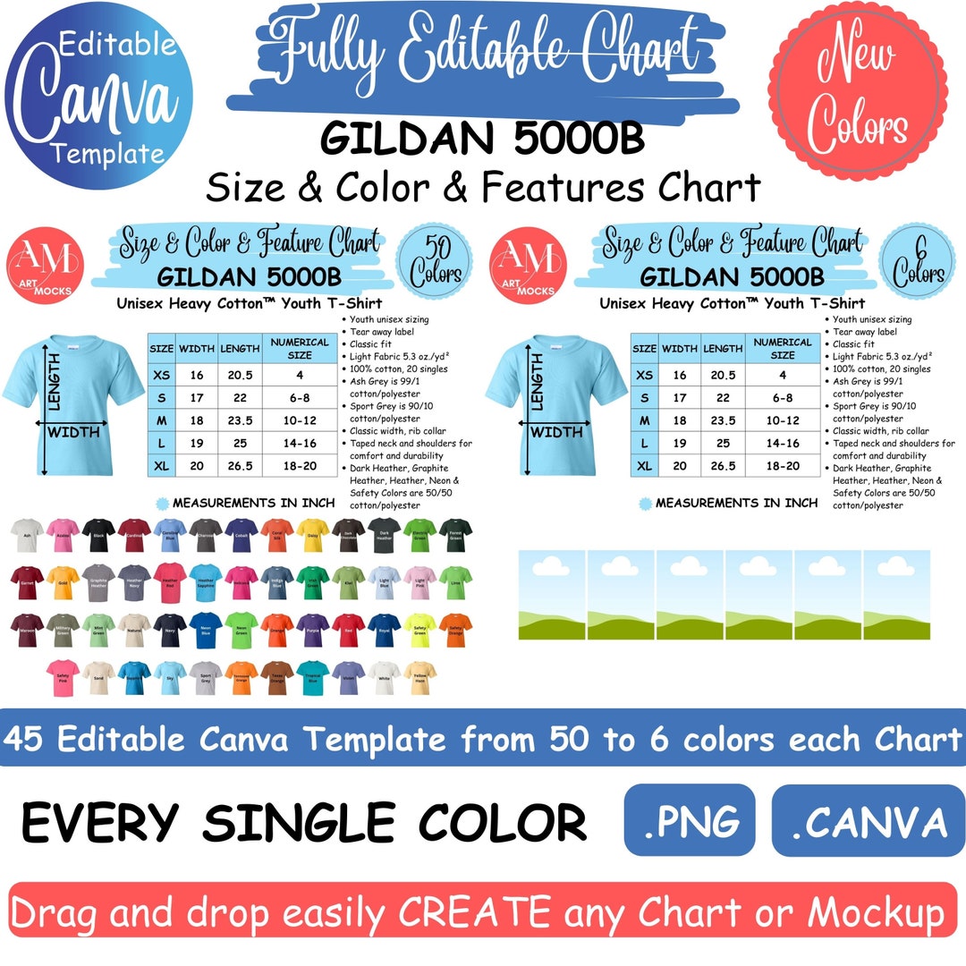 Gildan 5000B Fully Editable Canva Template Size Color Feature Chart ...