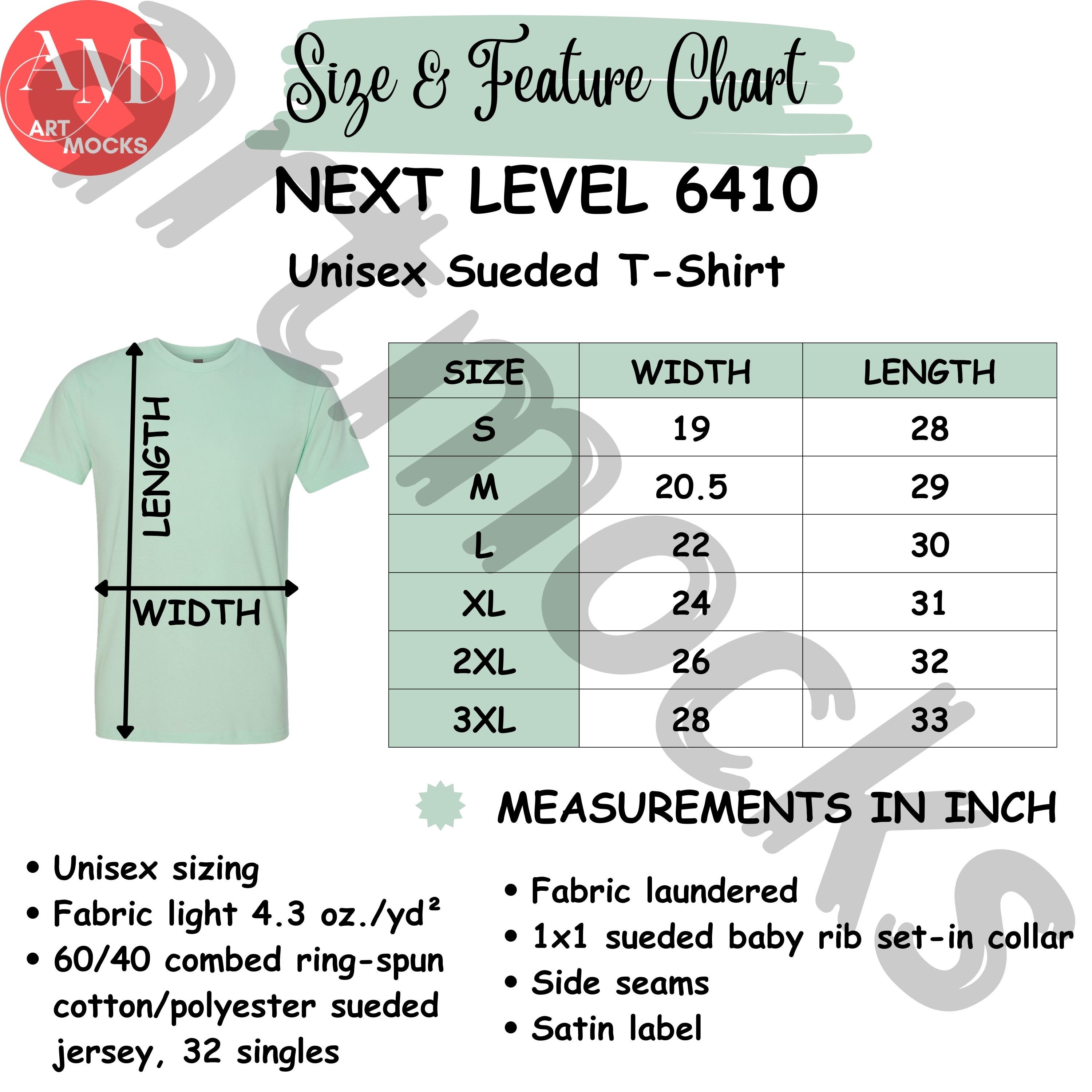Next Level 6410 Color Size Feature Chart, NL6410 Size Color Feature ...
