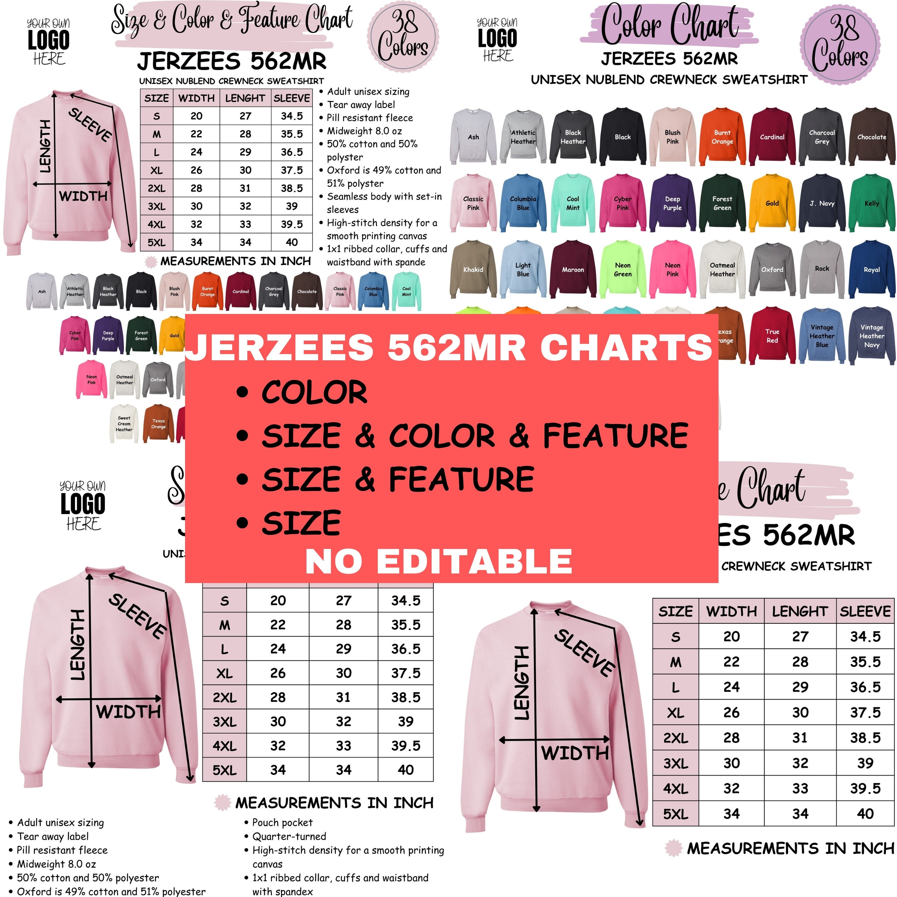Jerzees 562MR Size and Color and Feature Chart No Editable - Etsy