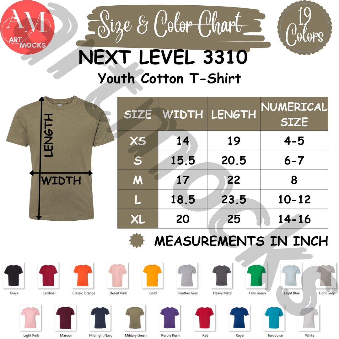 Next Level 3310 Youth T-shirt Size & Color Chart (digital Download) - Etsy