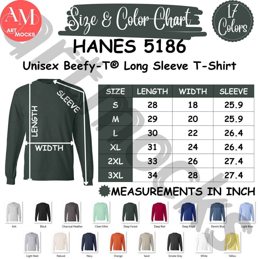 Hanes 5186 Chart Bundle Beefy-t Long Sleeve T-shirt Size and Color ...
