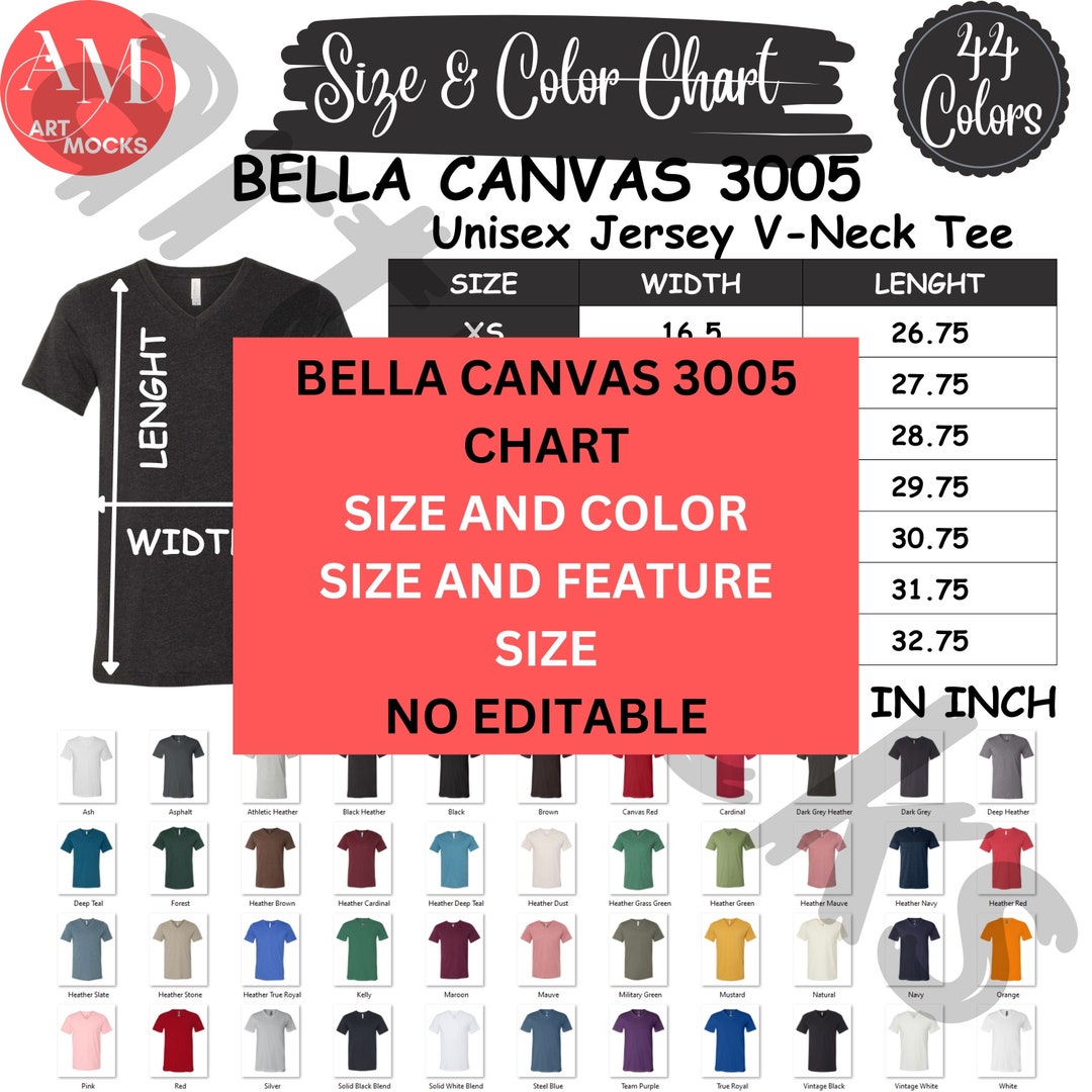 Bella Canvas 3005 Size Color Feature Chart, 3005CVC Heather Colors ...