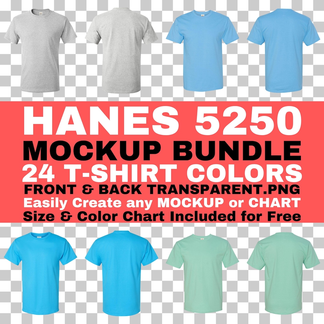 Hanes 5250 T-shirt Mockup Bundle: Front & Back PNG, Size Color Chart ...