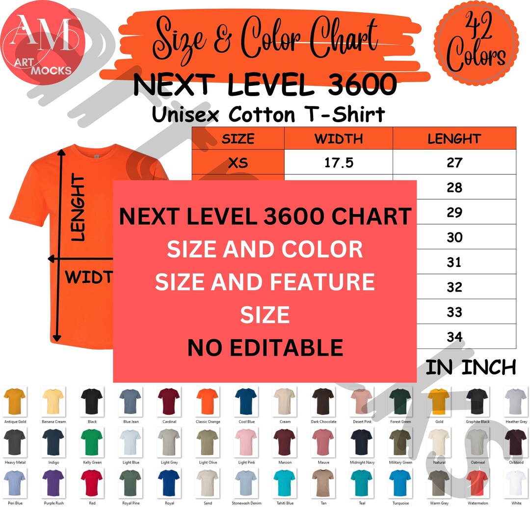 Next Level 3600 T-shirt Size Color Chart (digital Download) - Etsy