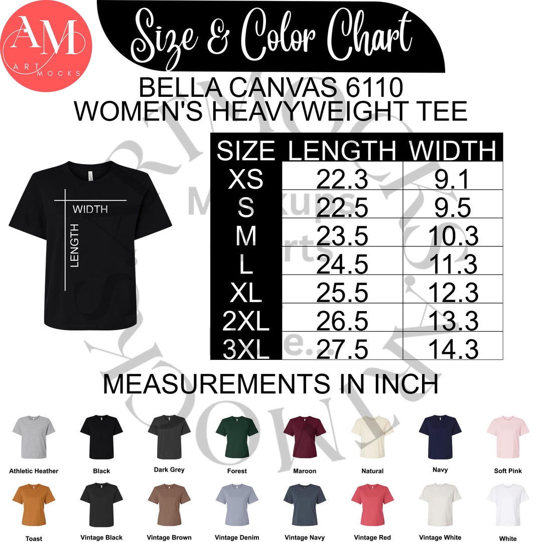 Bella Canvas 6110 Chart Bundle: Women's Tee Size and Color (instant ...