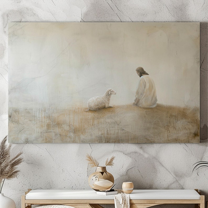 Jesus Leaves the 99 Parable Canvas Art, Tranquil Beige and White ...