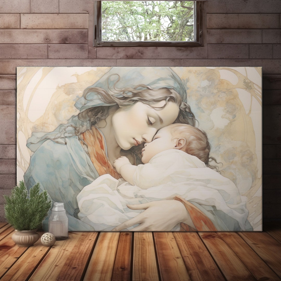 The Virgin Mary Holding Baby Jesus Wrapped Canvas Art, Religious Wall ...