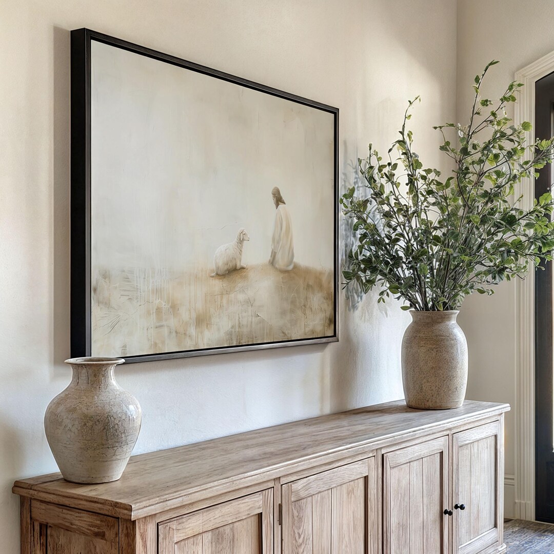 Jesus Leaves the 99 Parable Framed Canvas Tranquil Beige and White ...