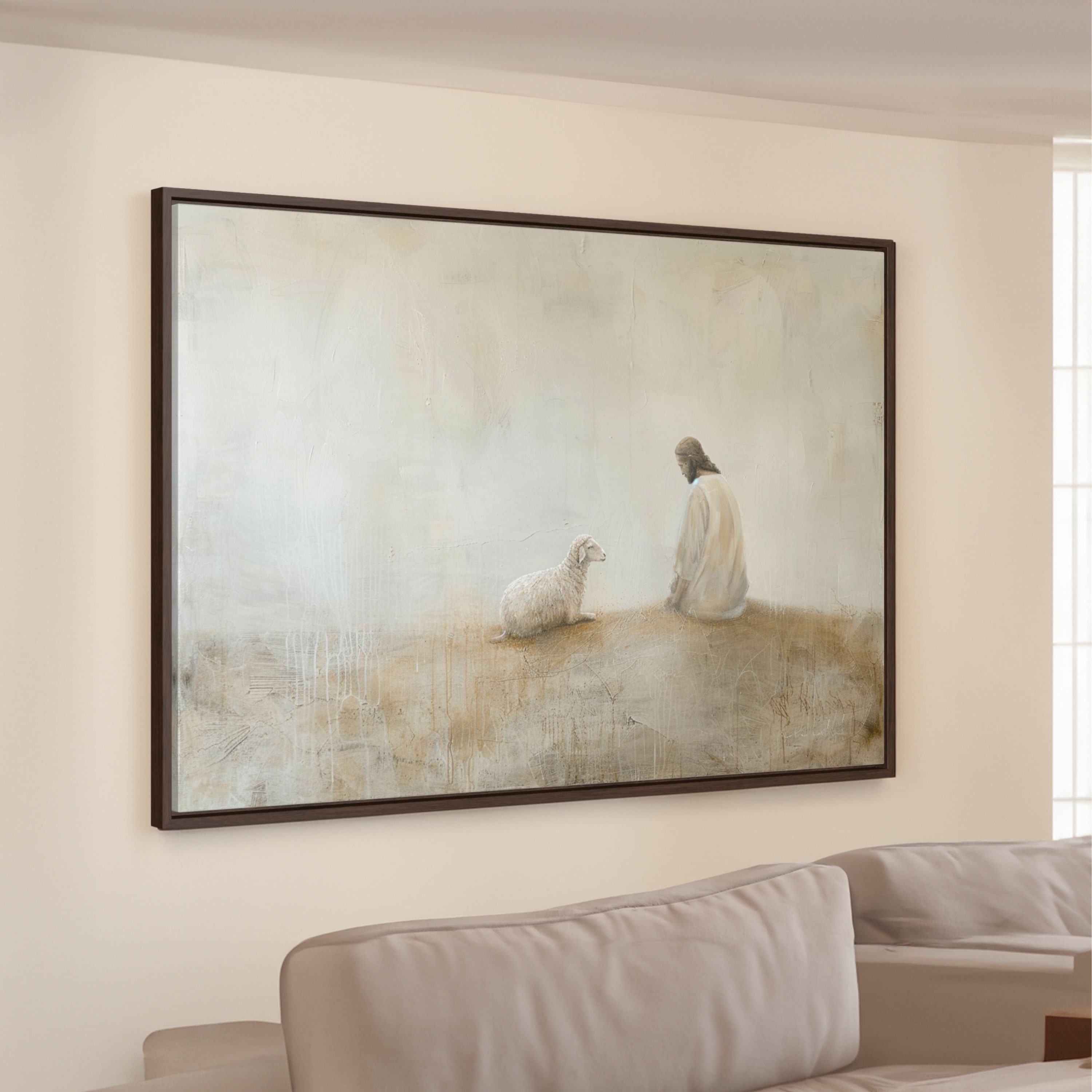 Jesus Leaves the 99 Parable Framed Canvas Tranquil Beige and White Christian Framed Art ...
