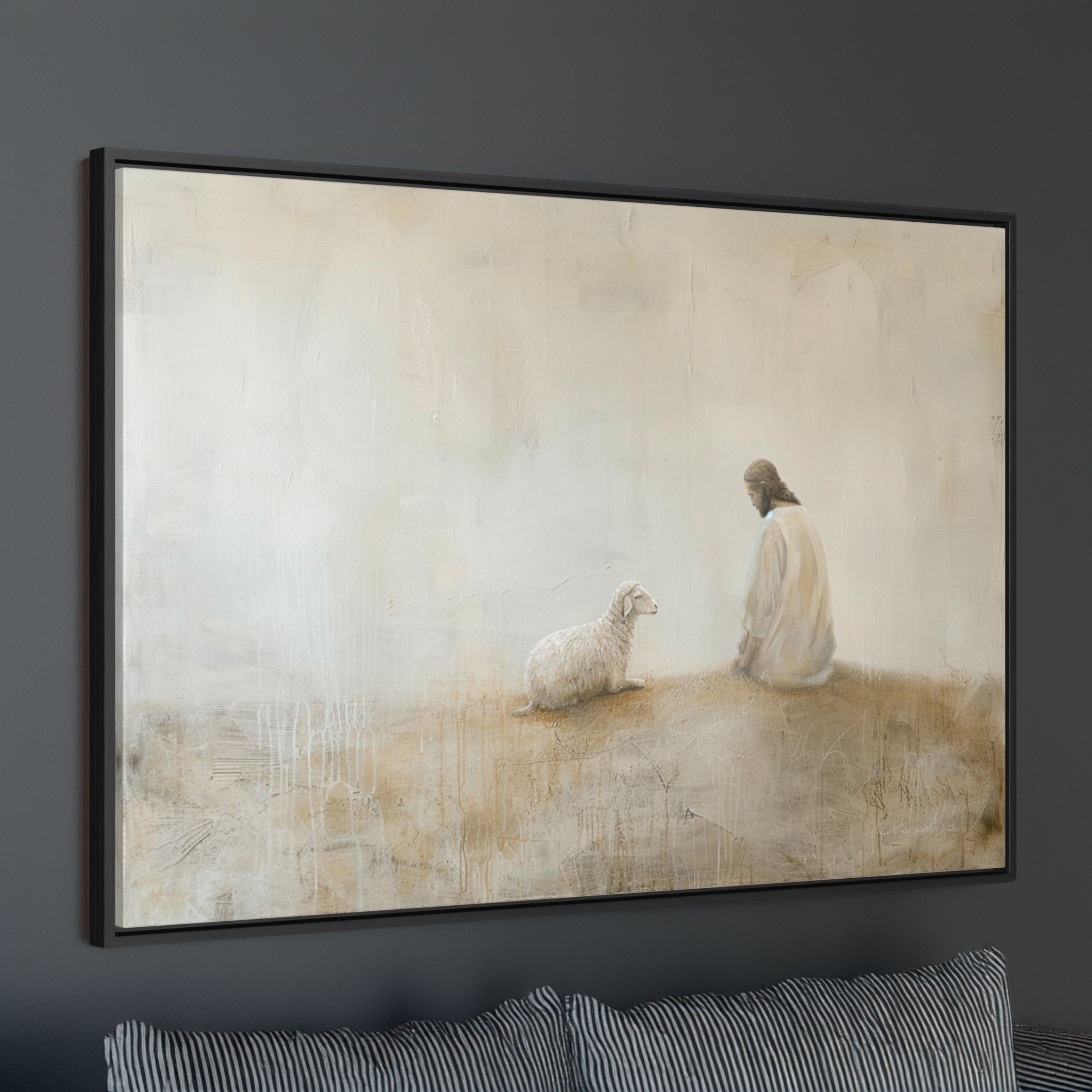 Jesus Leaves the 99 Parable Framed Canvas Tranquil Beige and White Christian Framed Art ...