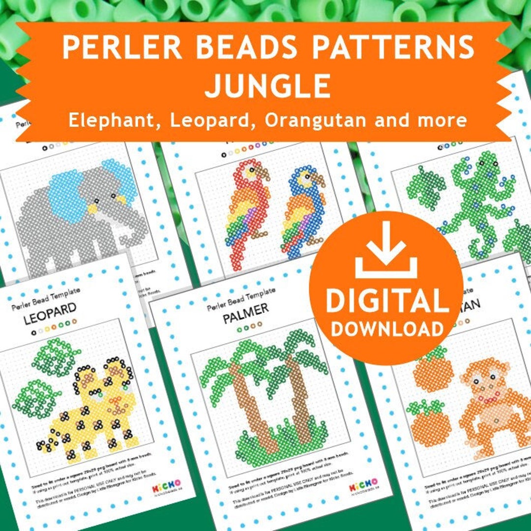 6x JUNGLE Perler Patterns, Hama Fuse Pyssla Templates Printable Craft ...