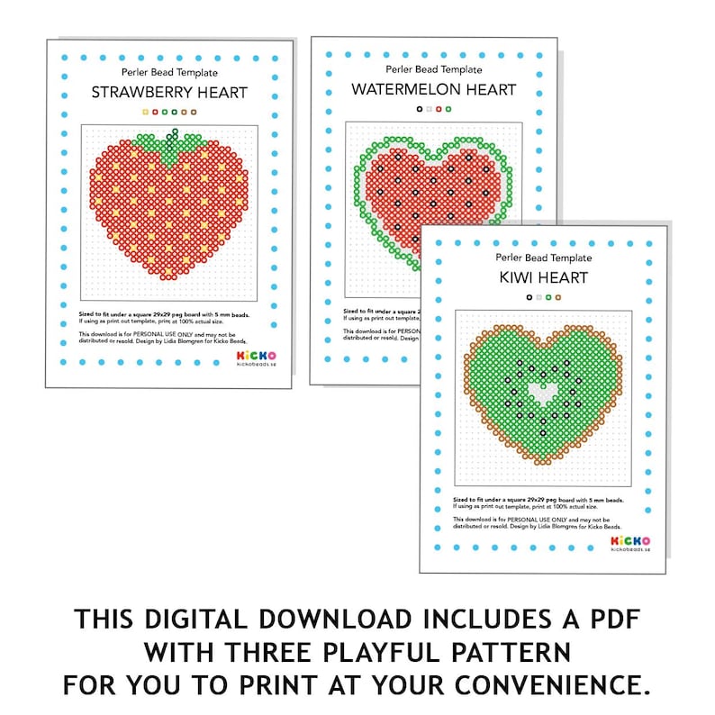 3x FRUITY HEARTS Kids Crafts Fuse Beads Templates Perler Beads Patterns ...