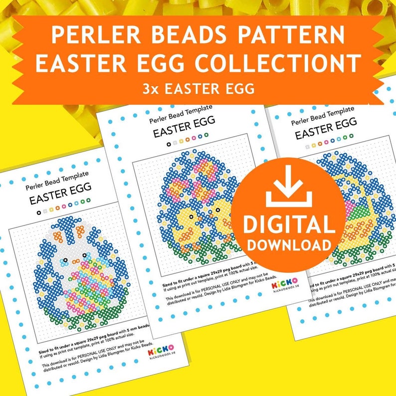 3x EASTER EGG Bunny Chickens Eggs Perler Patterns, Hama Fuse Beads ...