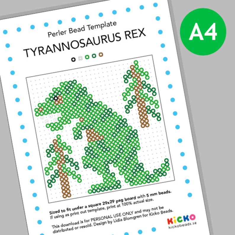 TYRANNOSAURUS REX Decoration Hama Fuse Beads Pyssla Templates Tutorial ...