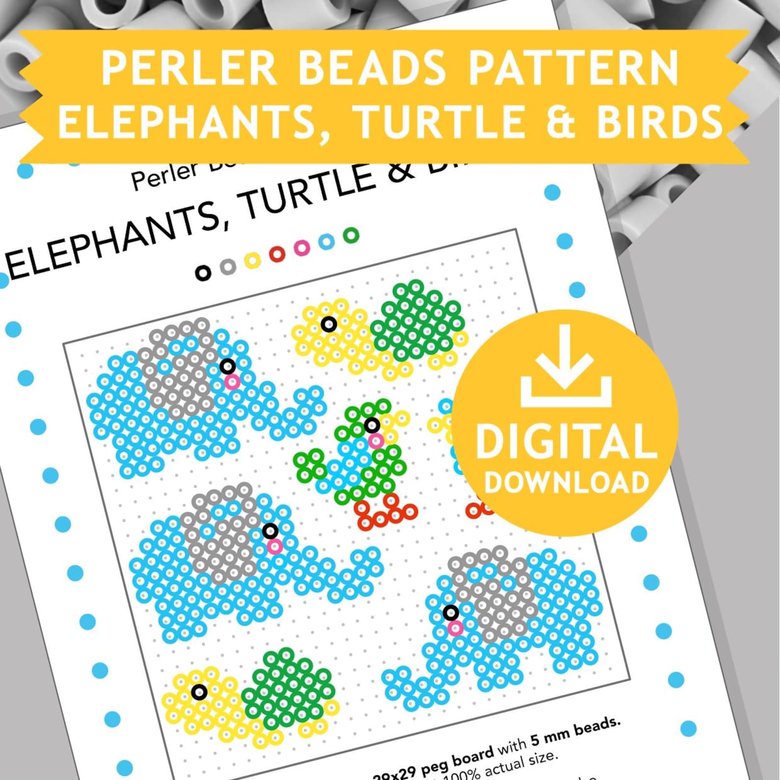 ELEPHANTS, TURTLE & BIRDS Mini Hama Fuse Beads Pyssla Templates ...