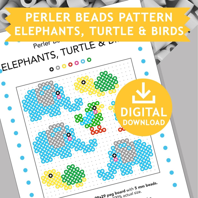 ELEPHANTS, TURTLE & BIRDS Mini Hama Fuse Beads Pyssla Templates ...