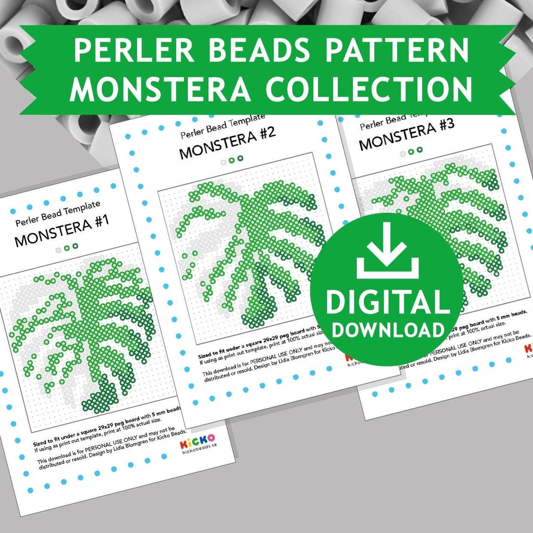 3x MONSTERA Albo Leaf Hama Fuse Beads Present Templates Printable Craft ...