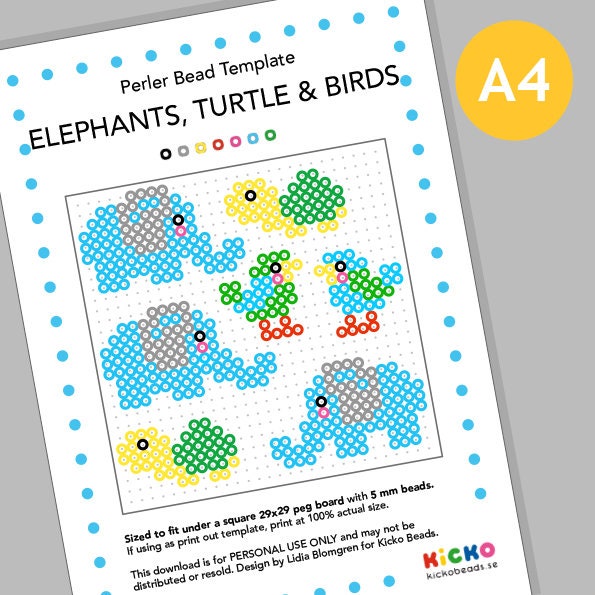 ELEPHANTS, TURTLE & BIRDS Mini Hama Fuse Beads Pyssla Templates ...