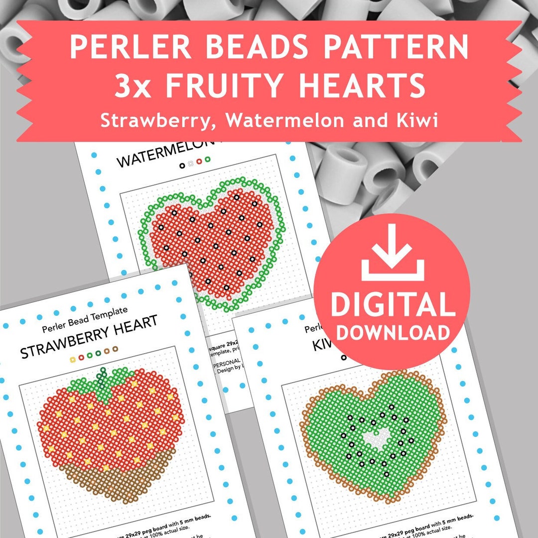 3x FRUITY HEARTS Kids Crafts Fuse Beads Templates Perler Beads Patterns ...