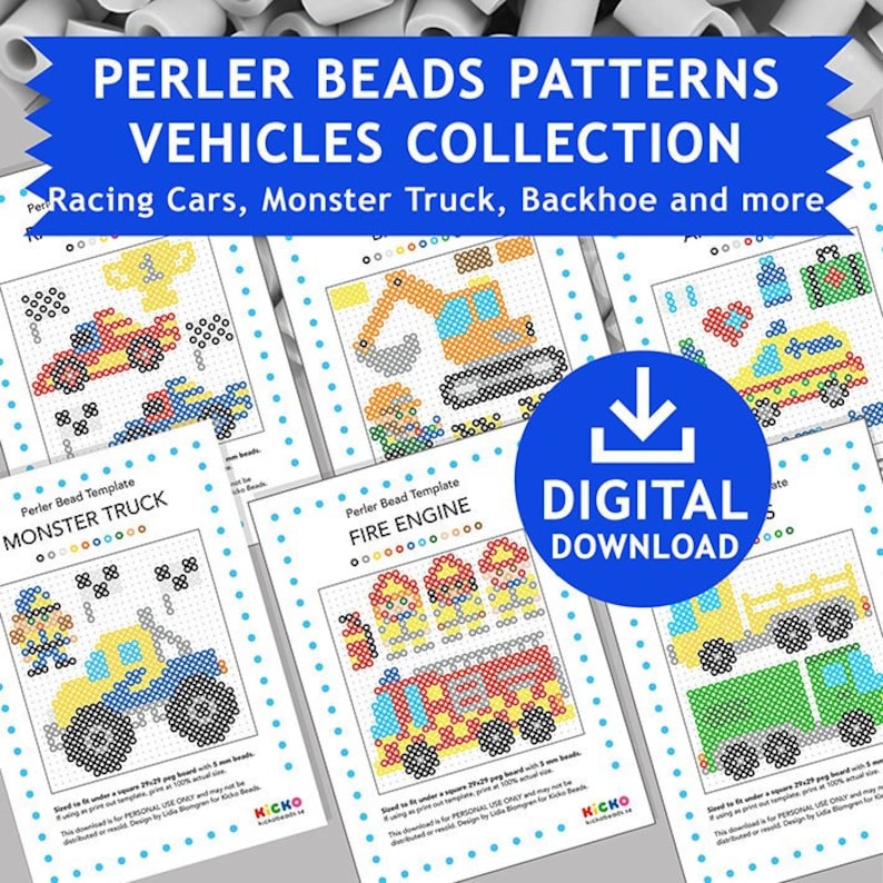 6x VEHICLES Perler Patterns, Decoration Hama Fuse Beads Pyssla Present ...