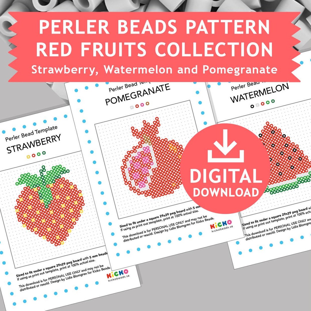 3x RED FRUITS Watermelon Pomegranate Strawberry Fuse Beads Template ...