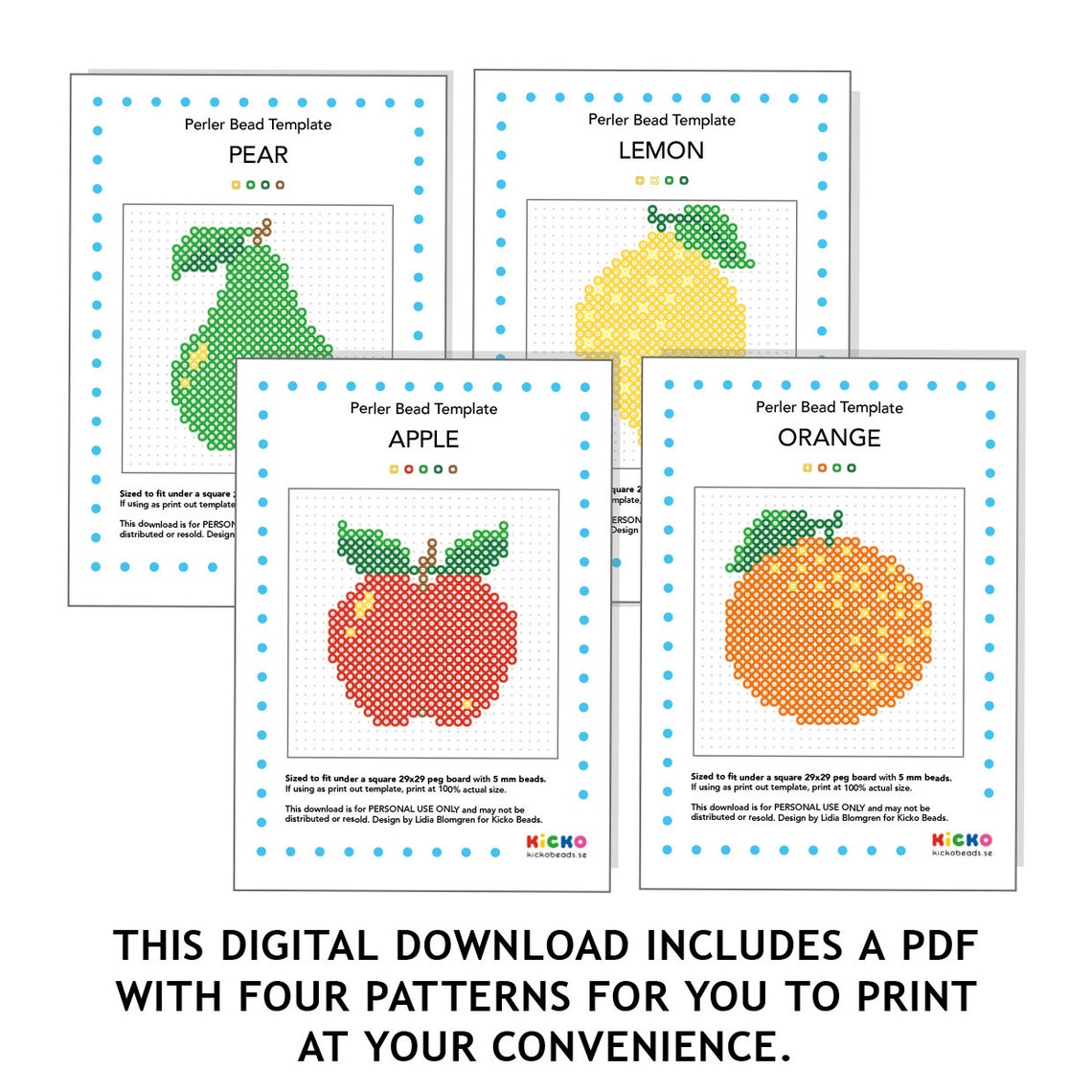 4x FRUIT Apple Orange Pear Lemon Kids Crafts Fuse Beads Templates ...