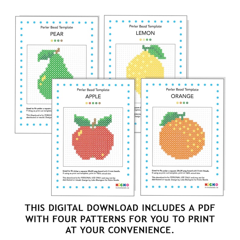 4x FRUIT Apple Orange Pear Lemon Kids Crafts Fuse Beads Templates ...