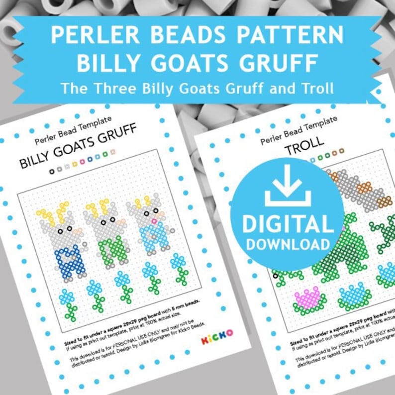 2x BILLY GOATS GRUFF Fairy Tales Decoration Hama Fuse Beads Pyssla ...