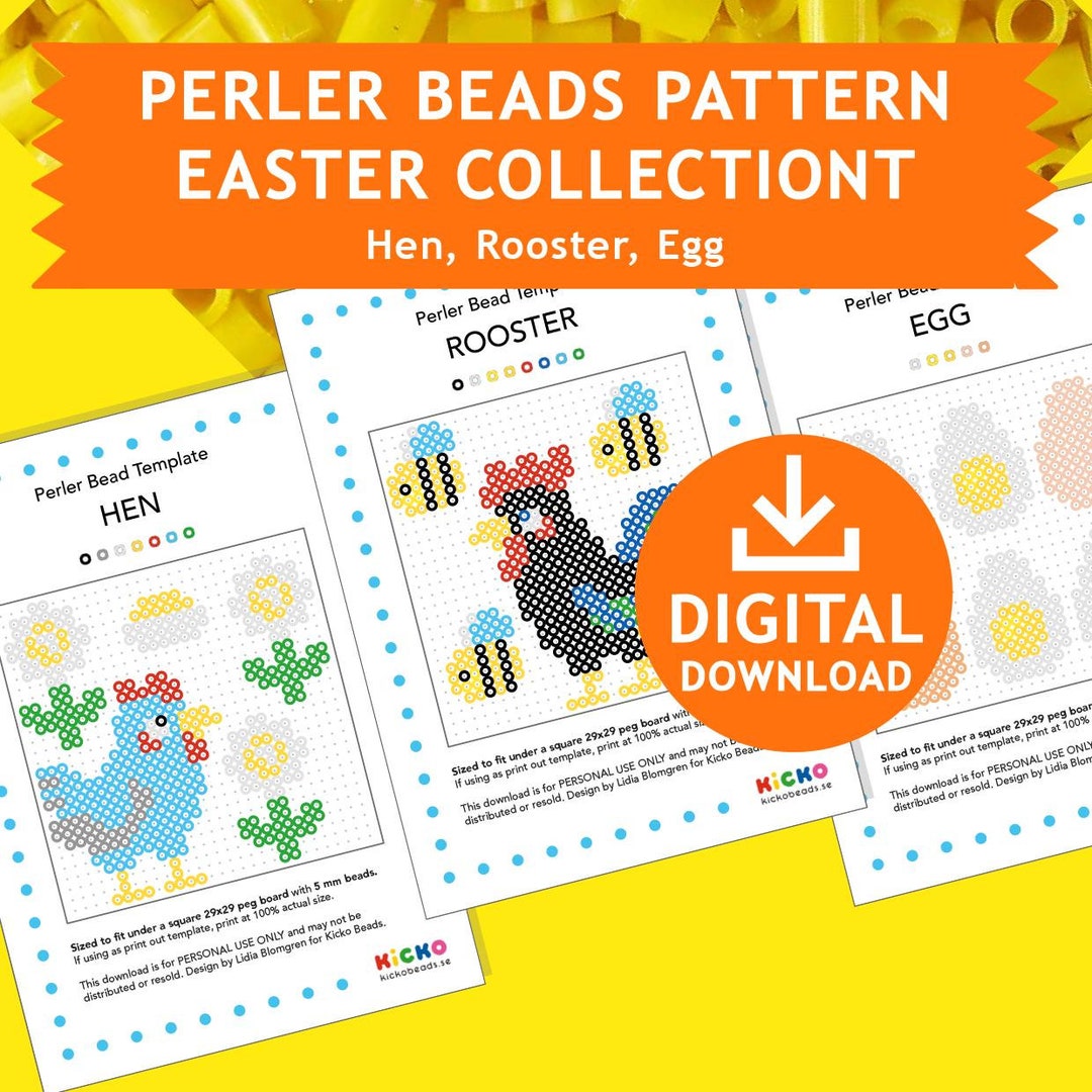 3x EASTER Hen Rooster Eggs Perler Patterns, Hama Fuse Beads Pyssla ...