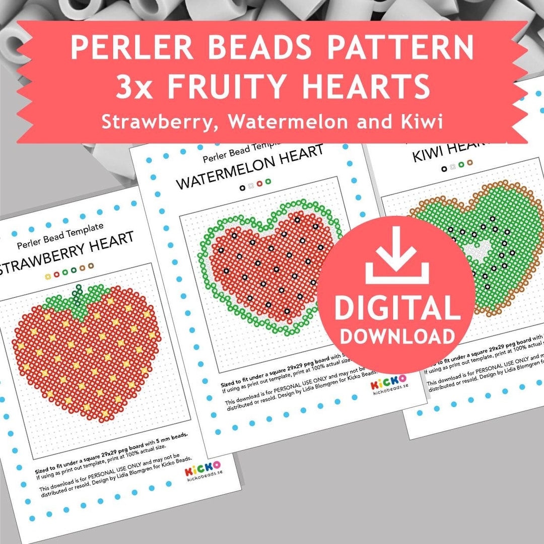 3x FRUITY HEARTS Kids Crafts Fuse Beads Templates Perler Beads Patterns ...