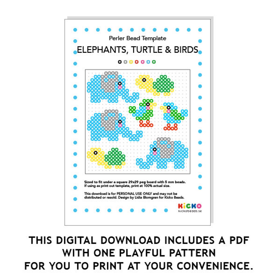 ELEPHANTS, TURTLE & BIRDS Mini Hama Fuse Beads Pyssla Templates ...