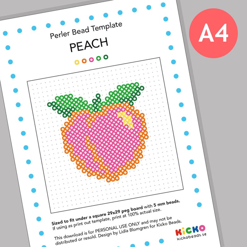 PEACH Fruit Perler Beads Patterns Fuse Beads Templates Kids Crafts Hama ...