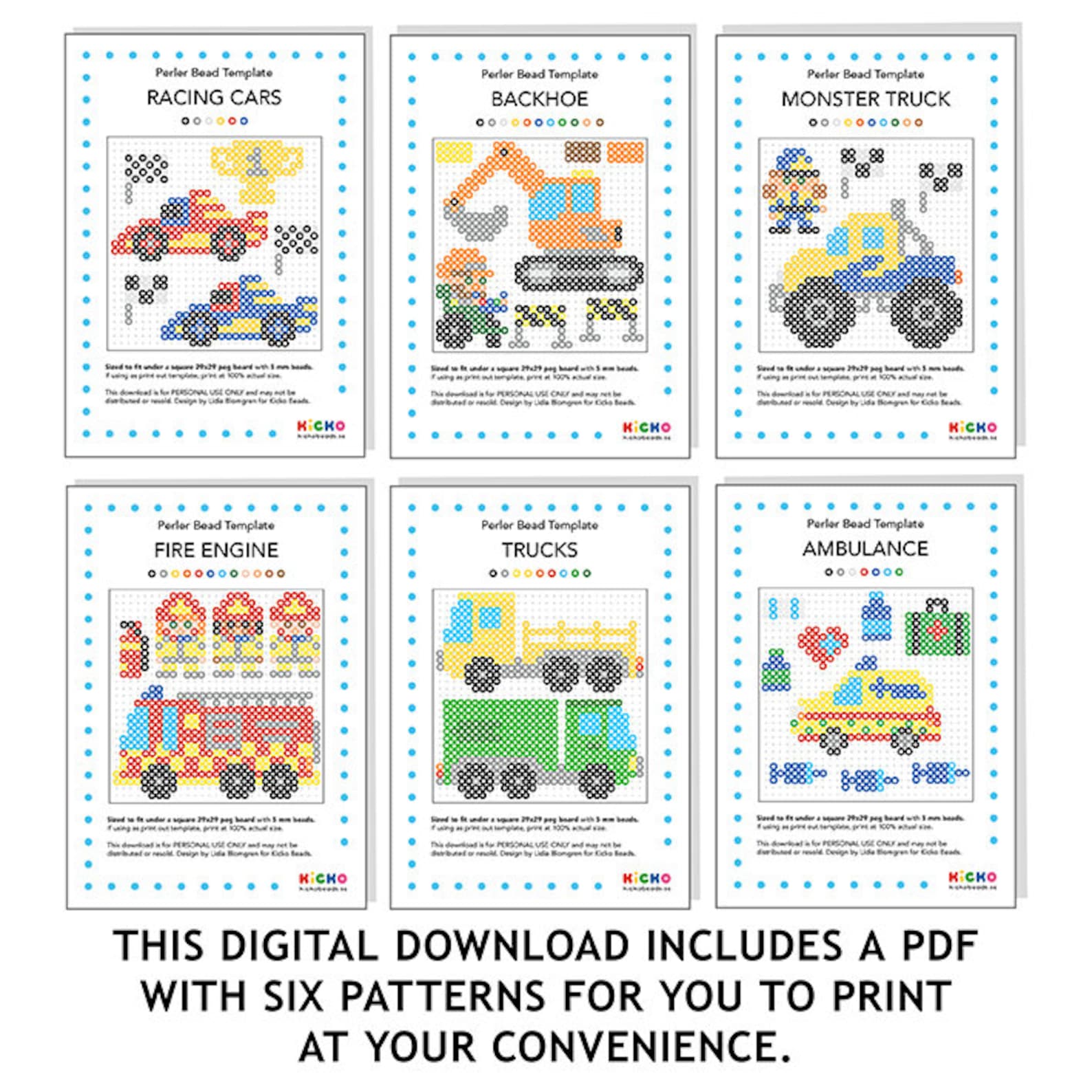 6x VEHICLES Perler Patterns, Decoration Hama Fuse Beads Pyssla Present ...