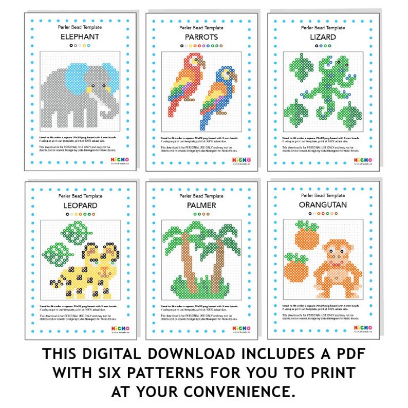 6x JUNGLE Perler Patterns, Hama Fuse Pyssla Templates Printable Craft ...