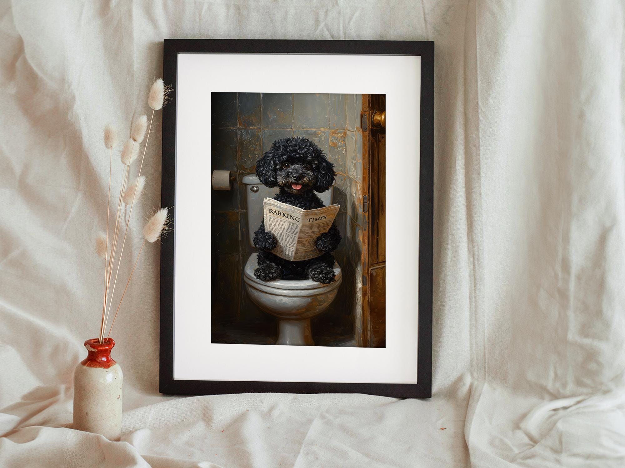 Black Poodle on Toilet Bathroom Print, Schwarzer Pudel Toilette, Quirky ...