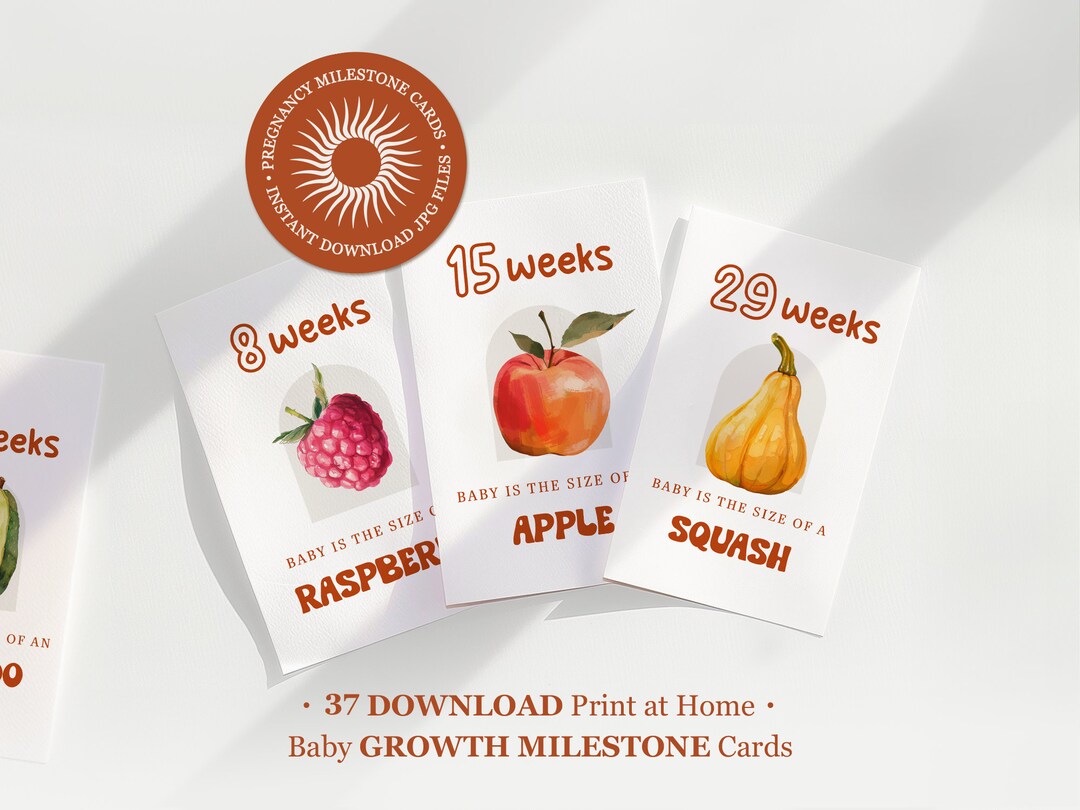Printable Pregnancy Milestone Cards, Week 4-40, Weekly Fruit Baby Size ...